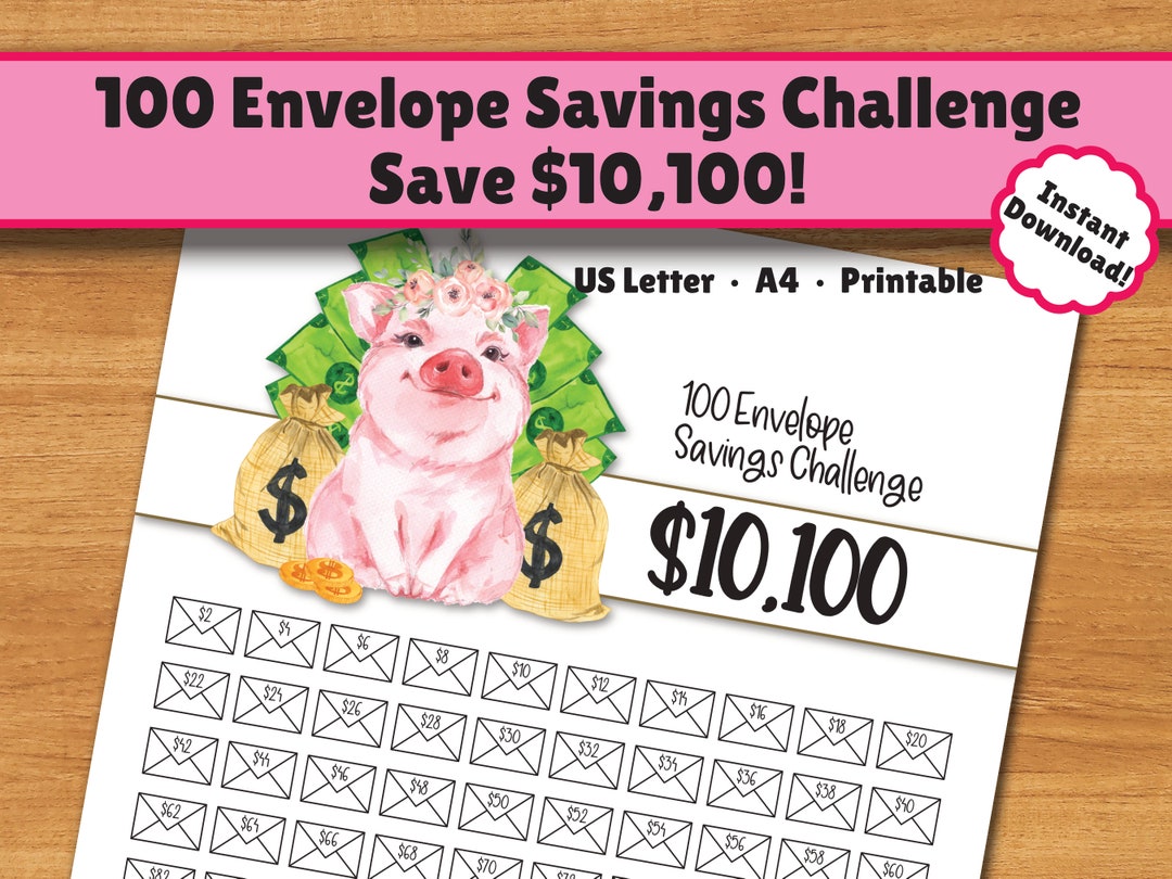 10k 100 Envelope Challenge Printable 10,100 Savings Tracker Reach Your Money Goals 50 Week or ...