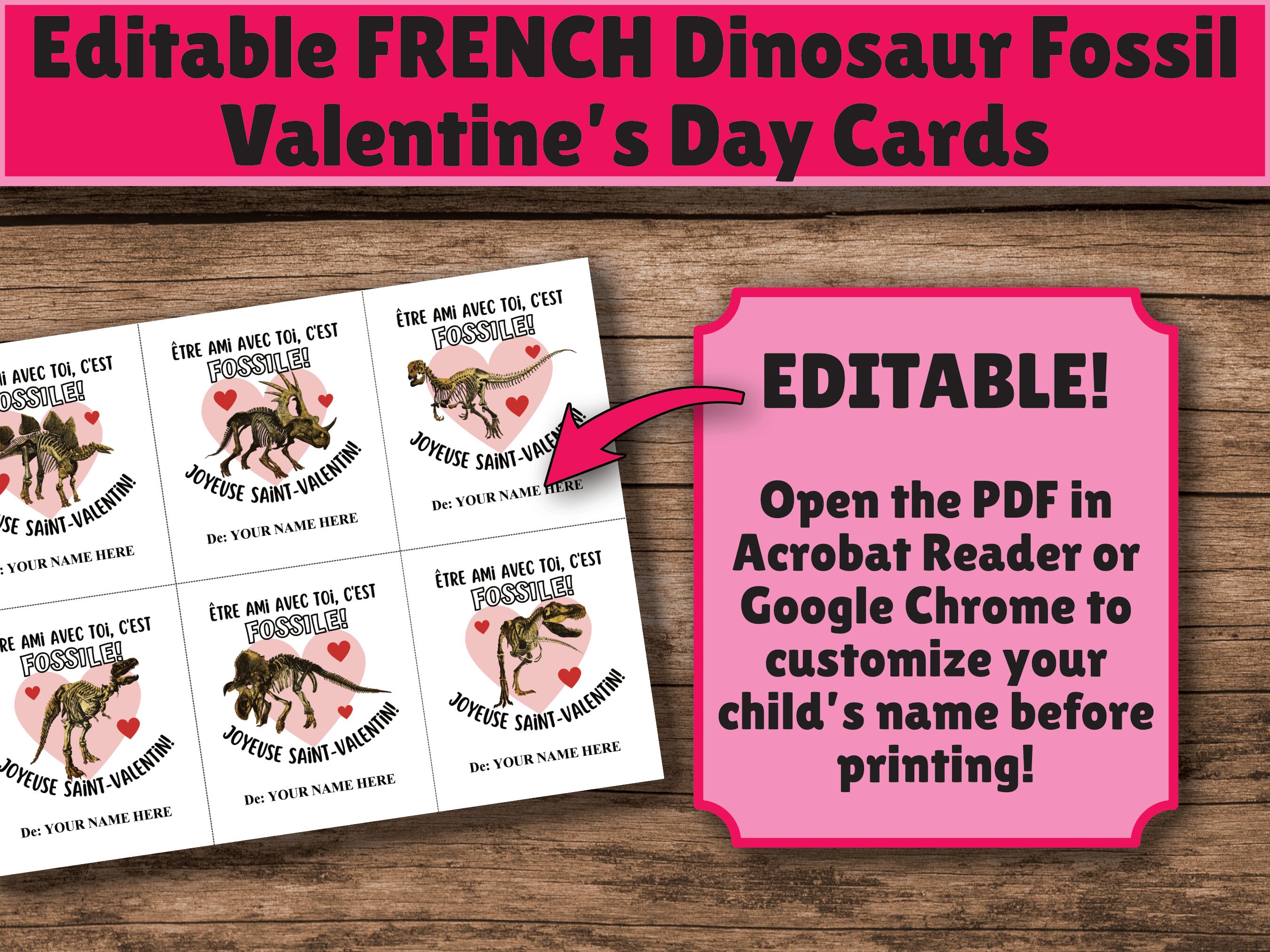 EDITABLE Printable FRENCH Valentine's Day Cards for School Dinosaur ...