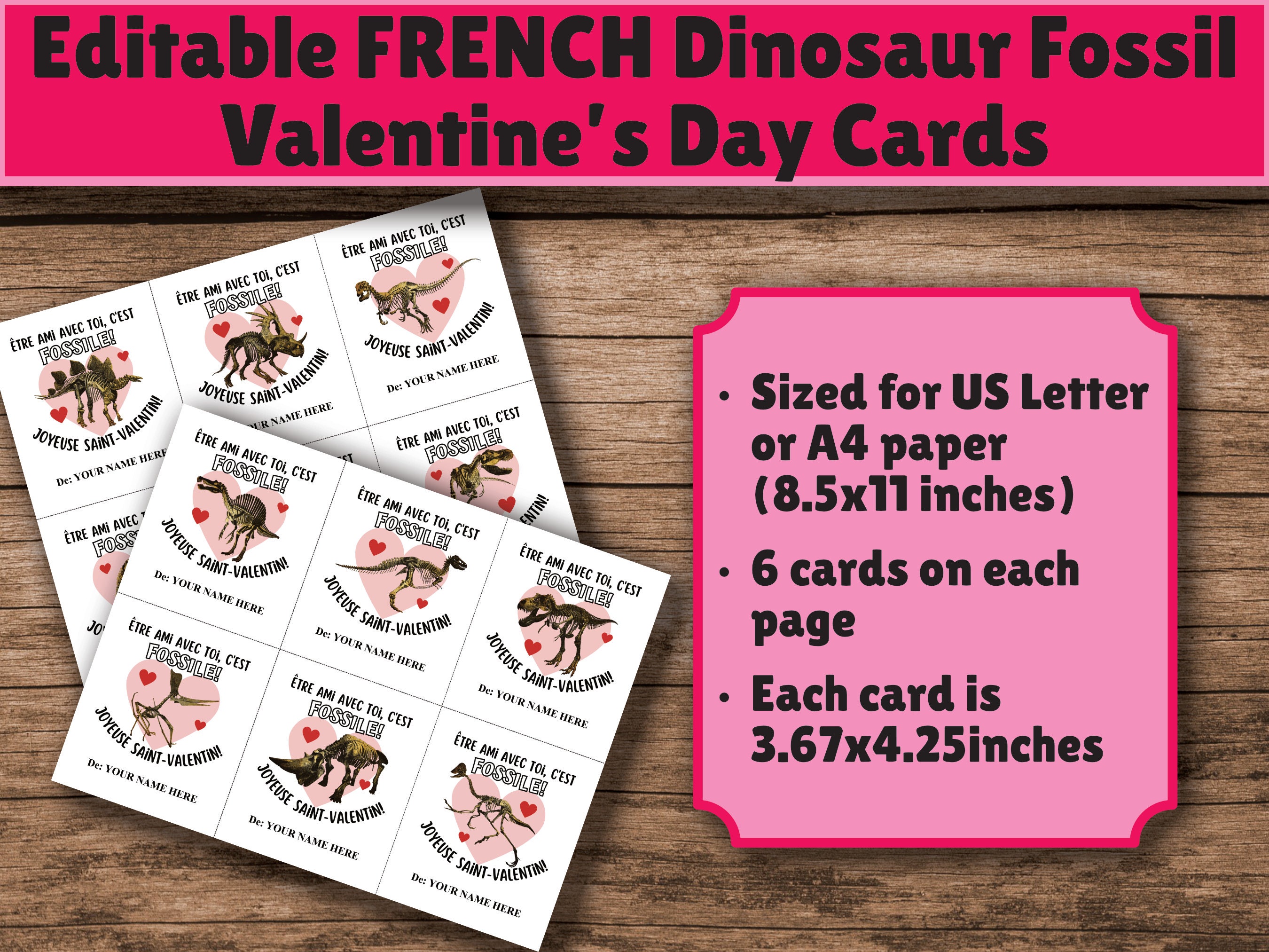 EDITABLE Printable FRENCH Valentine's Day Cards for School Dinosaur ...