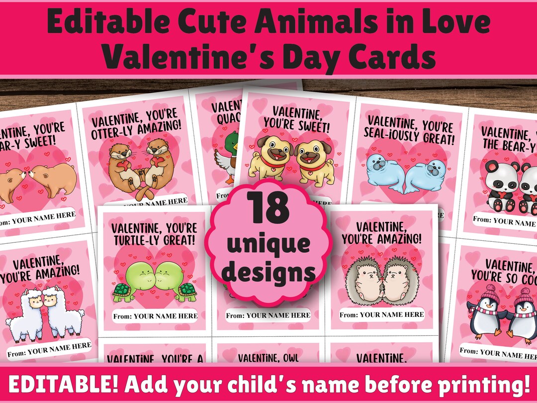 EDITABLE, Printable Kids Valentine's Day Cards for School, Cute Animals in Love Printable ...