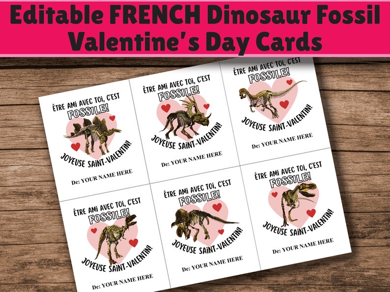 EDITABLE Printable FRENCH Valentine's Day Cards for School Dinosaur ...