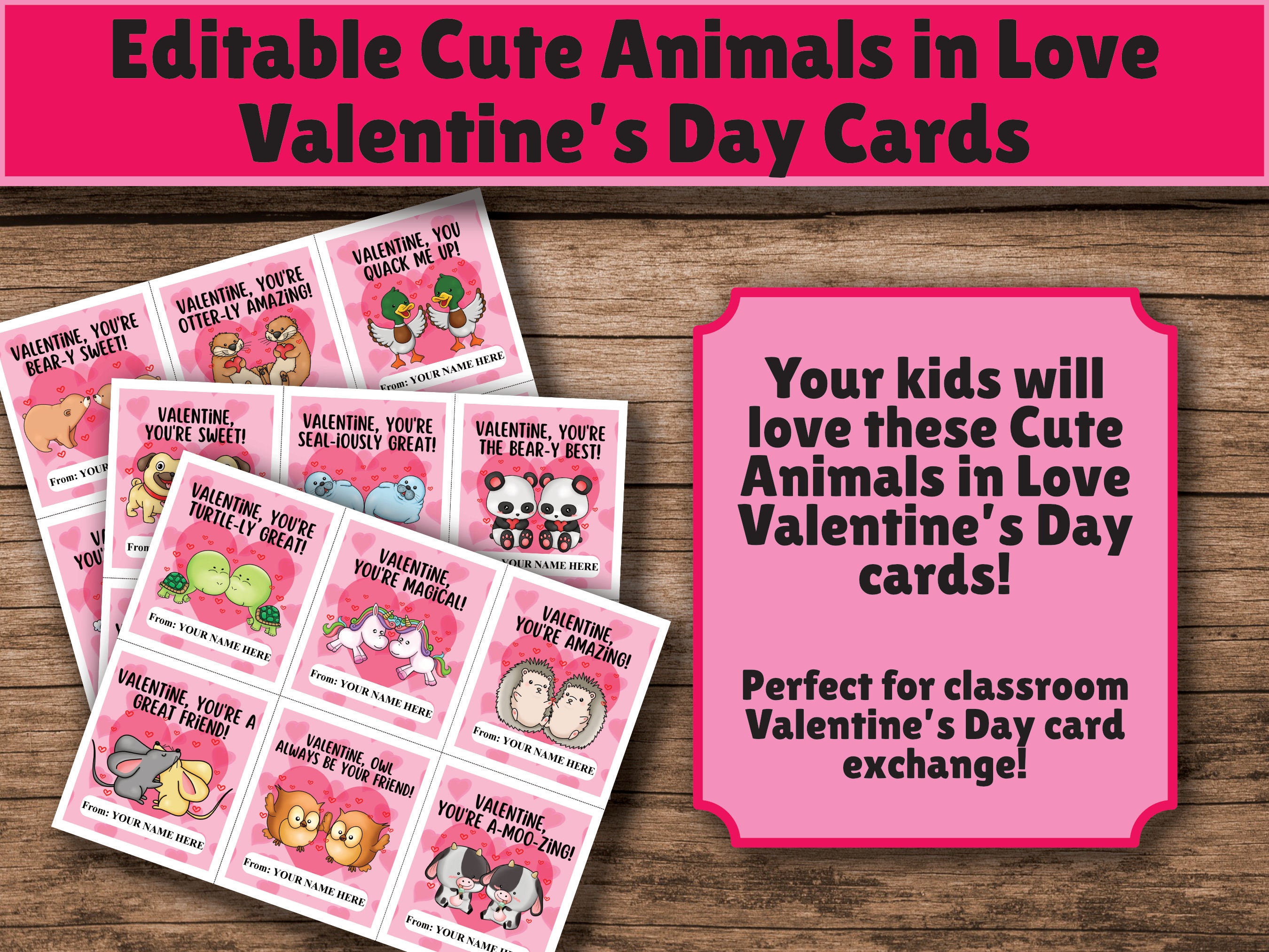 EDITABLE, Printable Kids Valentine's Day Cards for School, Cute Animals ...