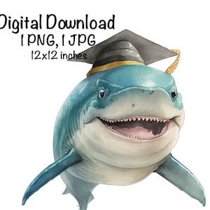 Graduation Shark Watercolor Clipart Graduation Cute Shark PNG ...