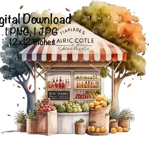 Farmers Market Fruit Stand Watercolor Clipart Fruits PNG Commercial Use ...