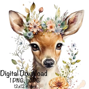 Cute Deer Watercolor Clipart Wild Baby Deer Spring Flowers PNG - Etsy