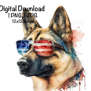 German Shepherd Dog Watercolor Clipart Sunglasses US Flag Dog PNG ...