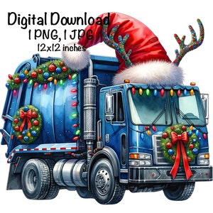 Christmas Recycling Truck Watercolor Blue Garbage Trucks Boys Clipart ...