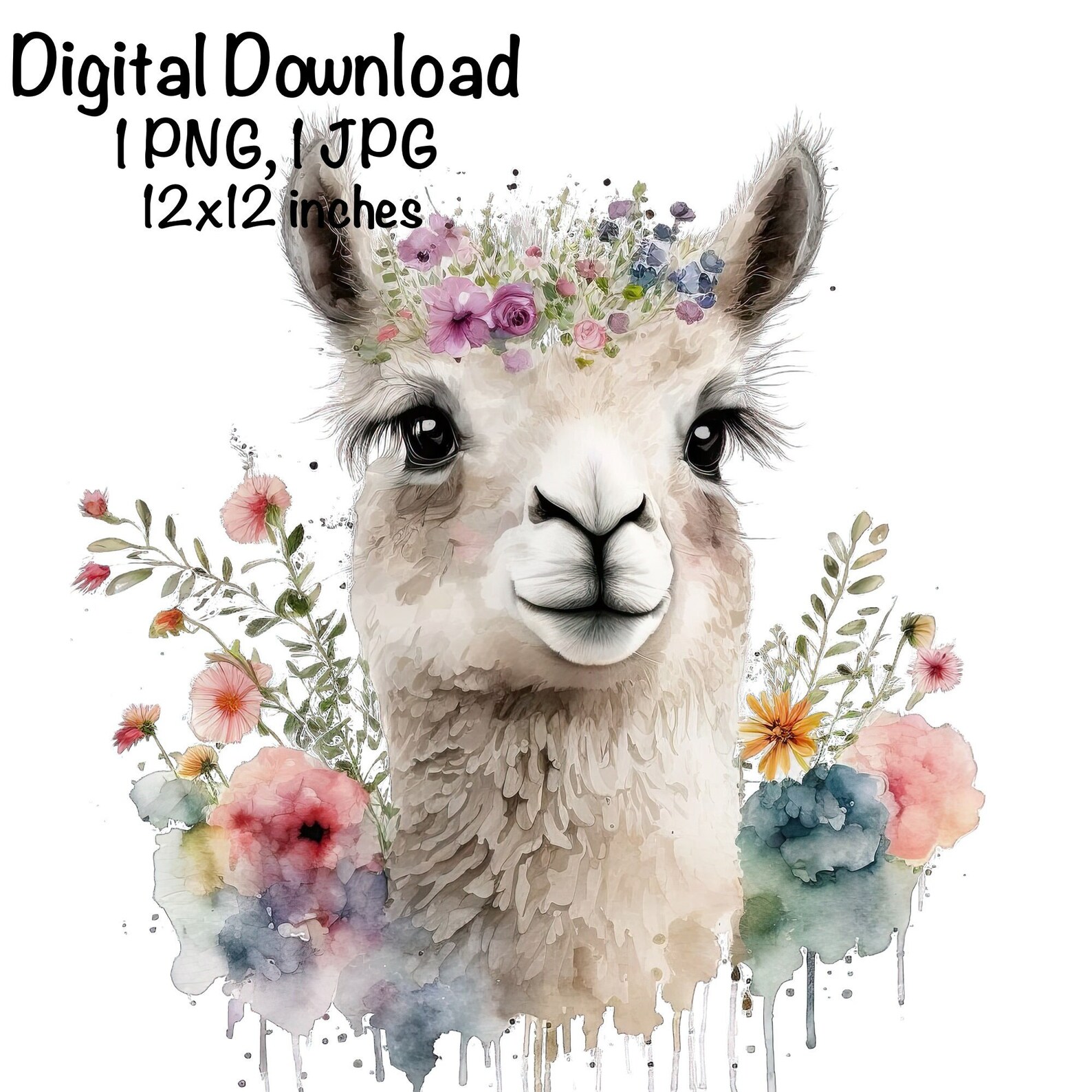 Llama Watercolor Clipart Farm Llama Spring Flowers PNG - Etsy