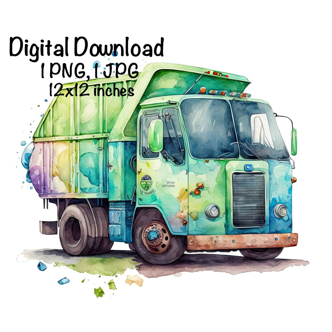 Recycling Truck Watercolor, Garbage Trucks Boys Clipart Nursery Décor ...