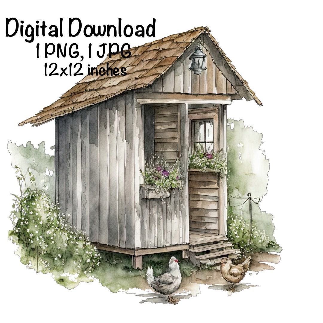 Rustic Old Chicken Coop Watercolor Farm Chicken Coop Clipart Wall Art ...