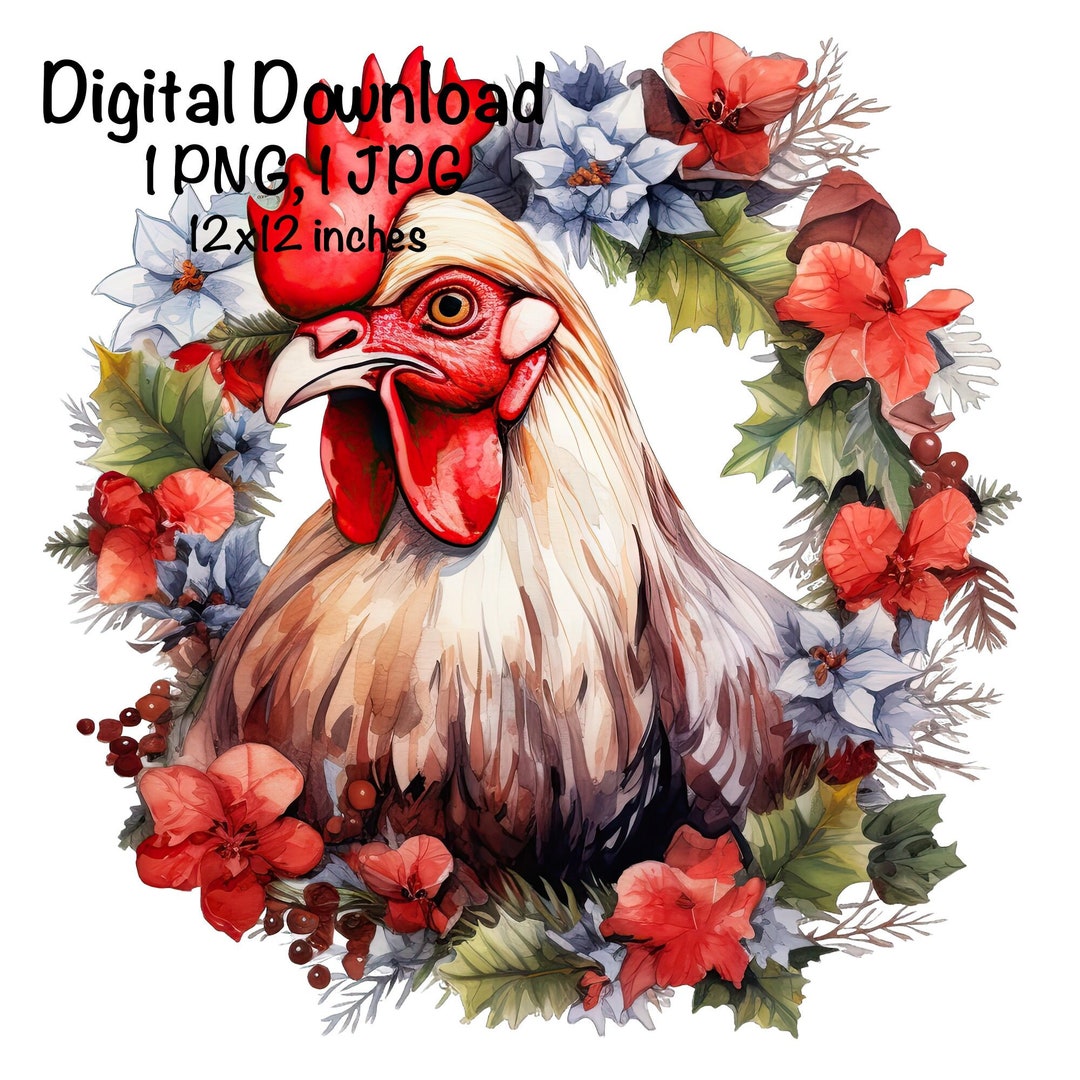 Farm Chicken Watercolor Clipart Christmas Wreath Flowers Chicken ...
