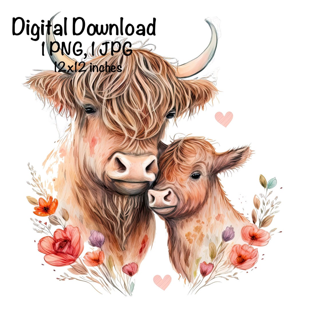 Highland Cow & Calf Watercolor Clipart Highland Cow Flowers Mother Baby ...
