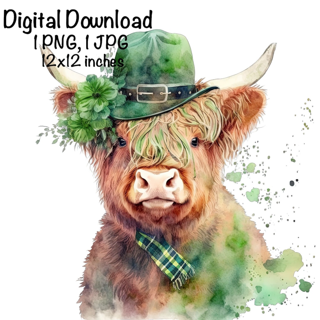 Highland Cow Watercolor Clipart Highland Cow Leprechaun Irish Hat St ...