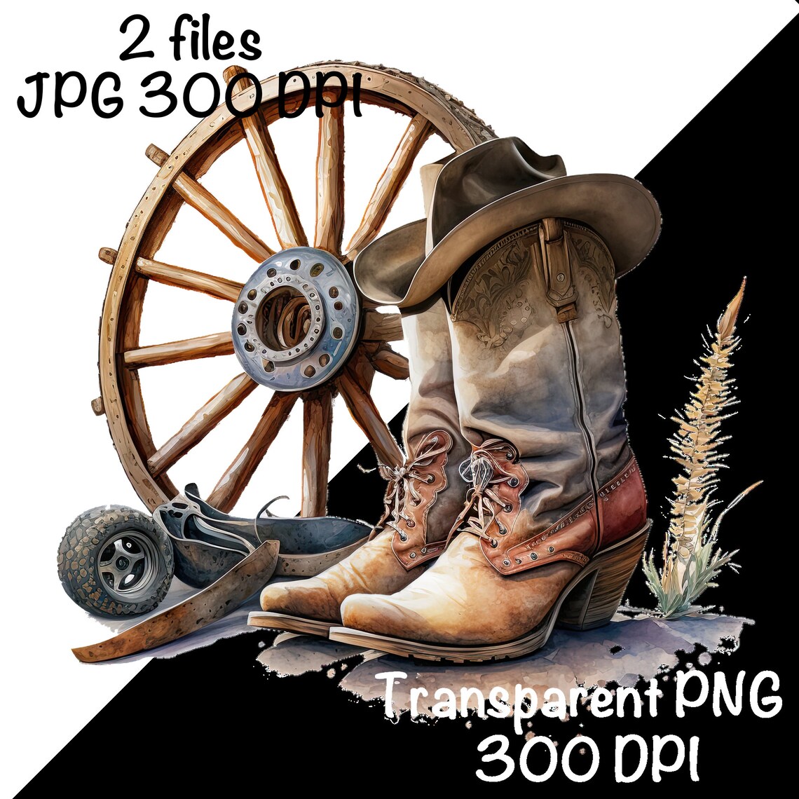 Cowboy Boots Hat Old Wagon Wheel Country Cowboy Clipart PNG - Etsy
