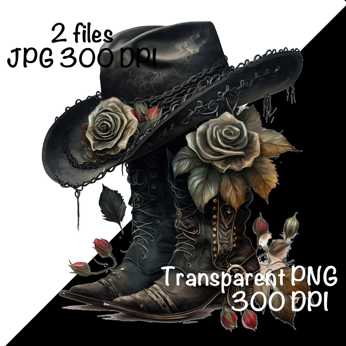Gothic Cowboy Boots Watercolor Country Cowboy Cowgirl Hat Clipart PNG ...
