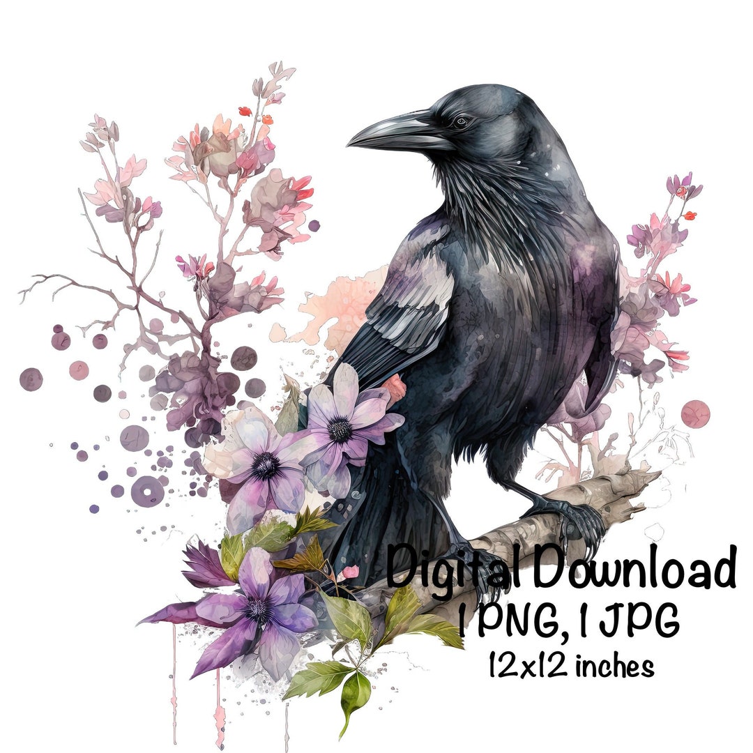 Cute Crow Flowers Watercolor Clipart Crow Spring Bird Flowers PNG ...