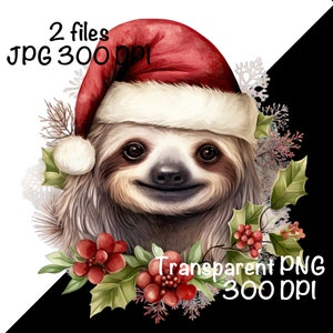 Christmas Sloth PNG Watercolor Clipart Winter Sloth Christmas Flowers ...