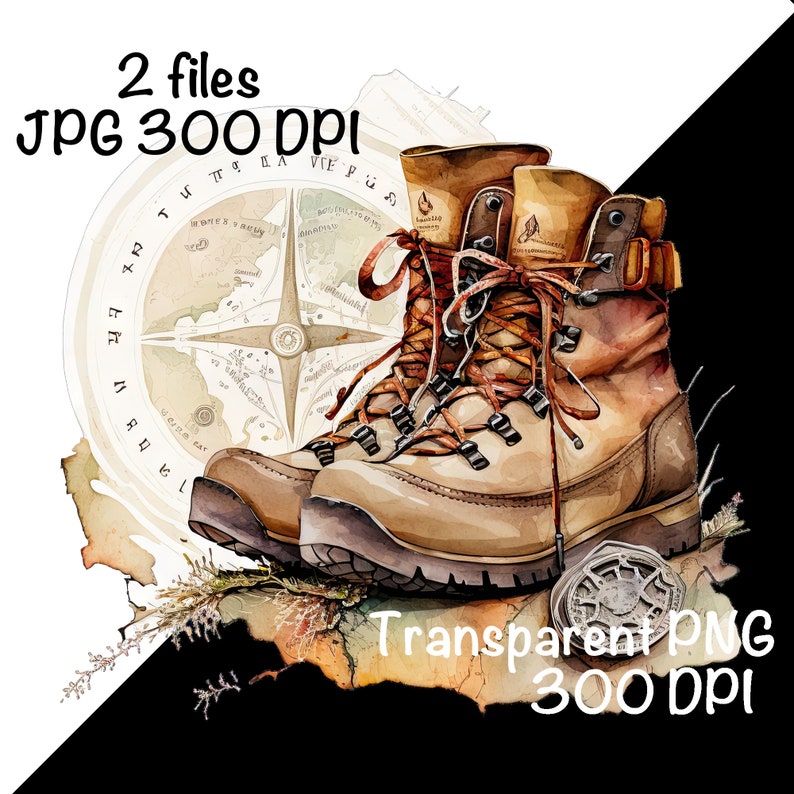 Hiking Boots Old Compass and Map Watercolor Hiking Nature - Etsy