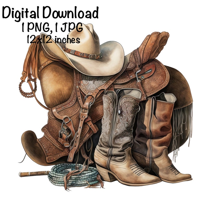 Cowboy Boots Hat & Horse Saddle Watercolor Country Cowboy Clipart PNG ...