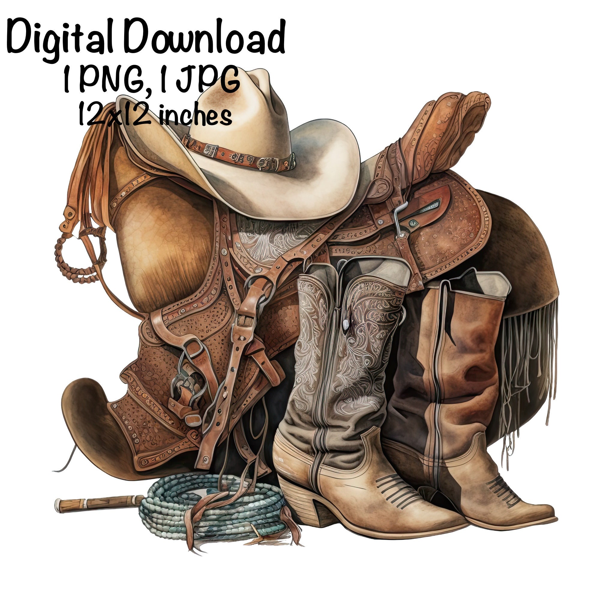 Cowboy Boots Hat & Horse Saddle Watercolor Country Cowboy Clipart PNG ...