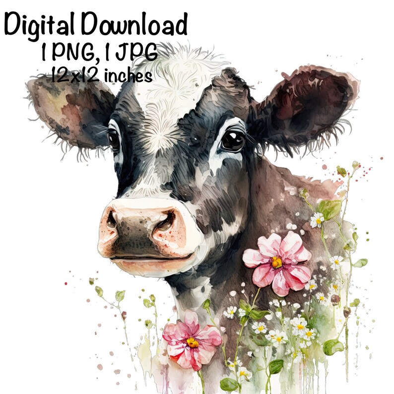 Dairy Milk Cow Watercolor Clipart Highland Cow Daisy Flowers - Etsy