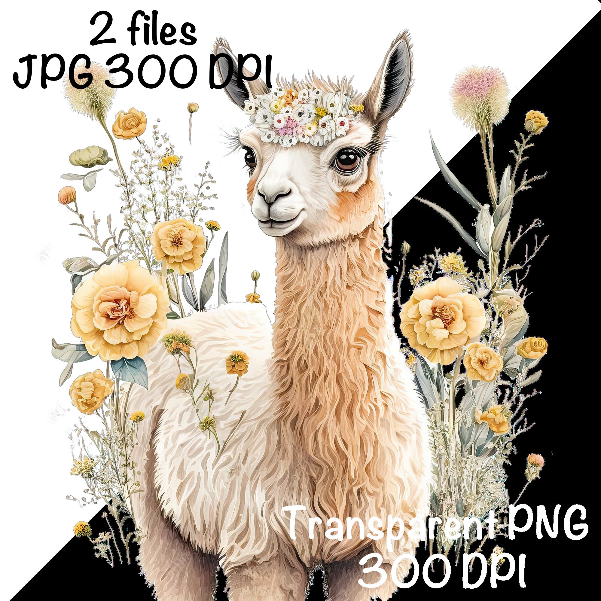 Llama Watercolor Clipart Farm Llama Spring Flowers PNG Commercial Use ...
