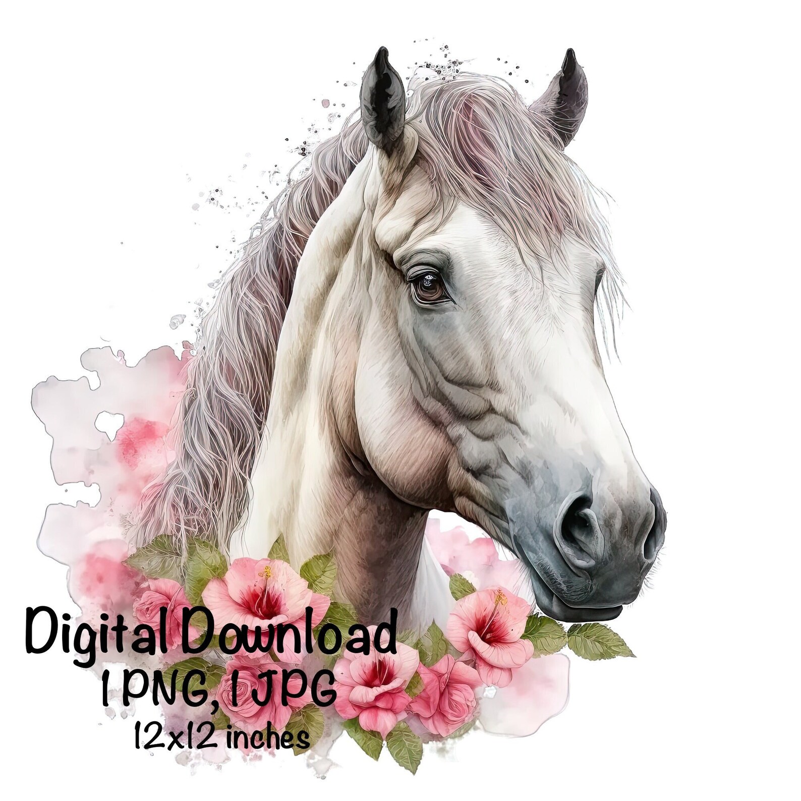 Horse Watercolor Clipart Horse Pink Flowers PNG Commercial Use - Etsy