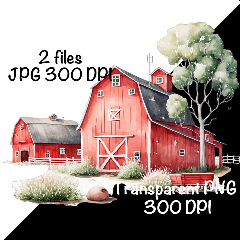 Old Farm Barn Watercolor Red Barn Boys Girls Clipart Wall Art Old ...