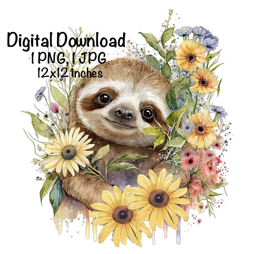 Cute Sloth Clipart Sloth & Spring Flowers PNG Commercial Use Sloth ...