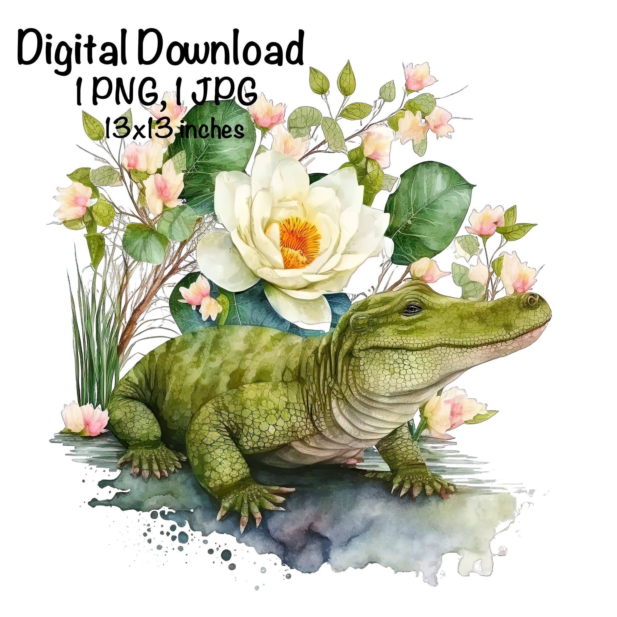 Alligator Watercolor Clipart Louisiana Alligator Magnolia Flowers PNG ...