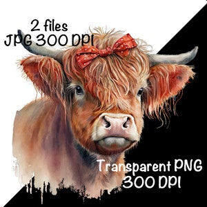 Highland Cow Watercolor Clipart Highland Cow Red Hair Bow Mountains Cow ...