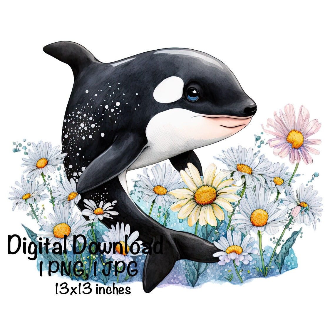 Orca Whale Watercolor Clipart Cute Whale Spring Flowers - Etsy
