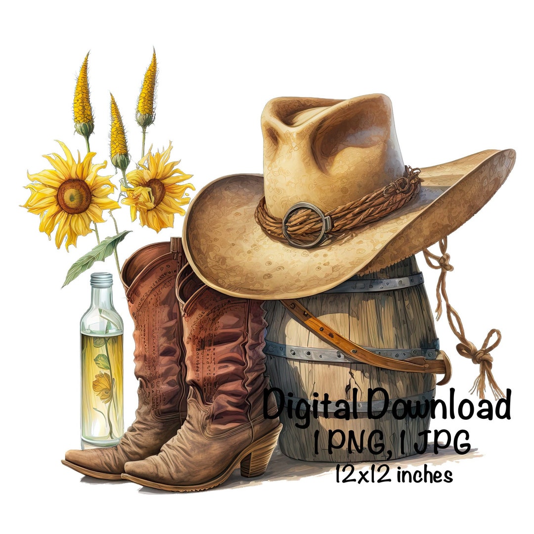 Cowboy Boots Hat Barrel Watercolor Country Cowboy Clipart PNG ...