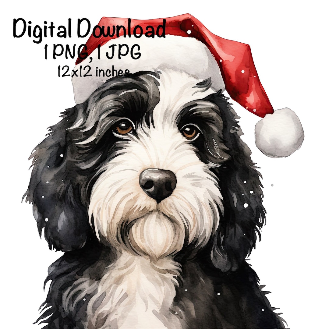 Christmas Sheepadoodle Clipart, Doodle Dog Christmas Holiday Santa Hat ...