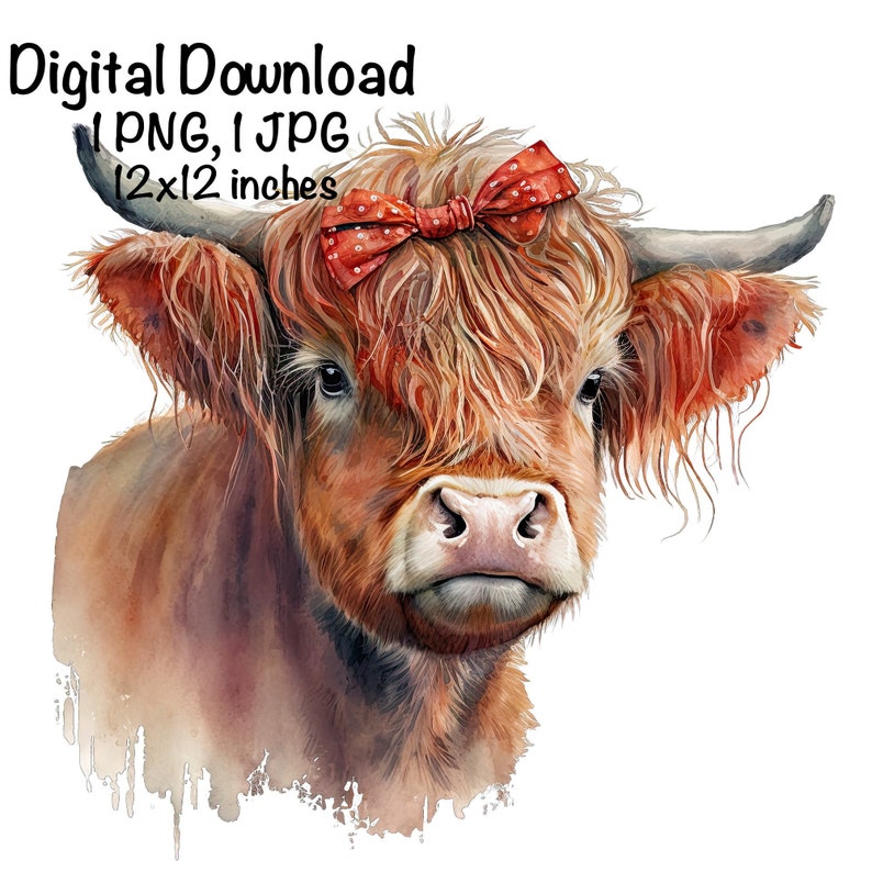 Highland Cow Watercolor Clipart Highland Cow Red Hair Bow - Etsy
