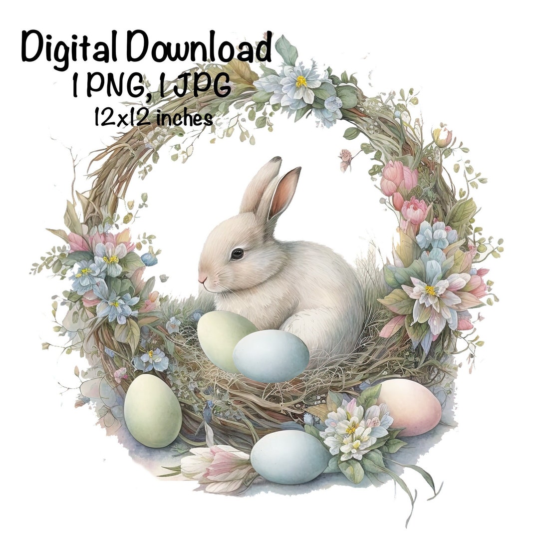Cute Bunny Watercolor Clipart White Bunny Spring Flower Wreath Farm ...