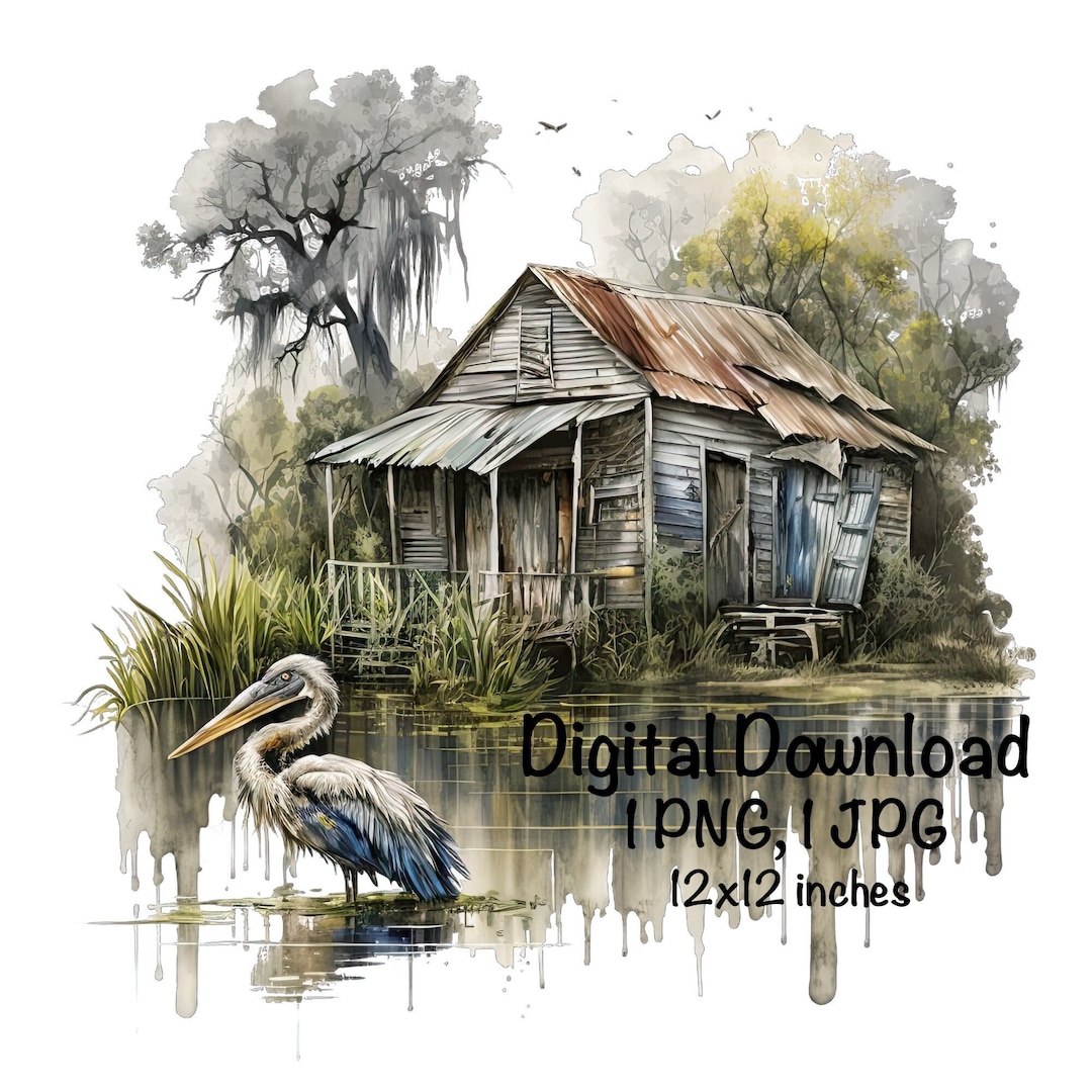 Old Shack on the Bayou Watercolor Swamp Clipart Wall Art Rustic Shack ...
