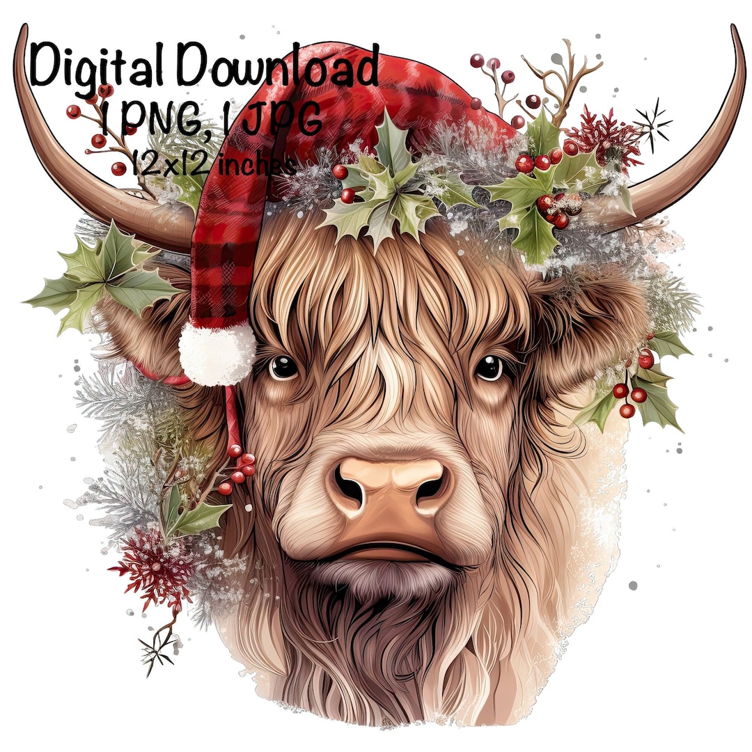 Highland Cow Watercolor Clipart Highland Cow Christmas Flowers Holiday ...