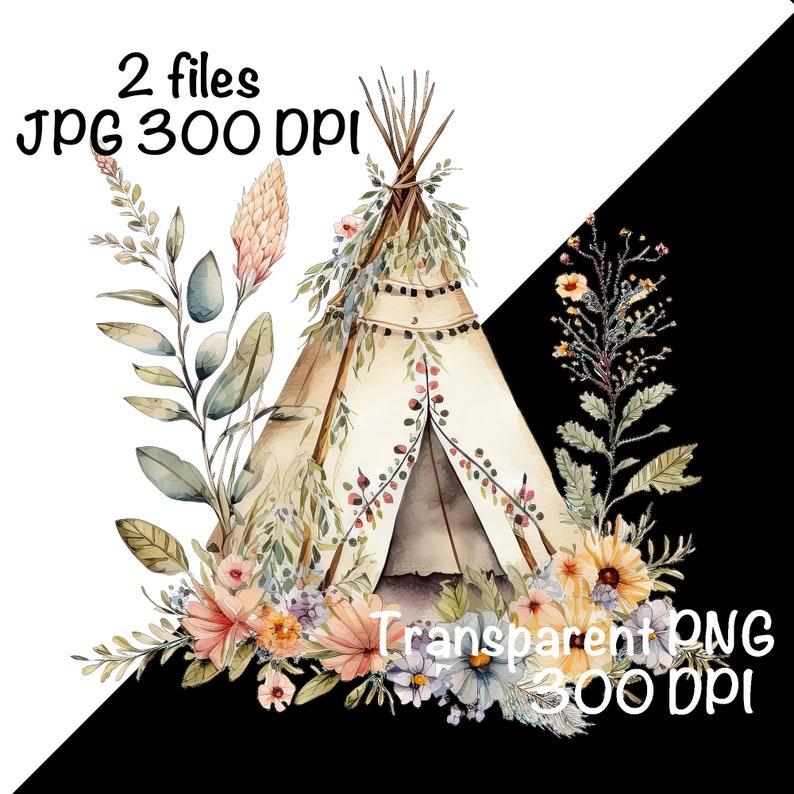 Beautiful Teepee Flowers Watercolor Clipart Native American Tipi PNG ...