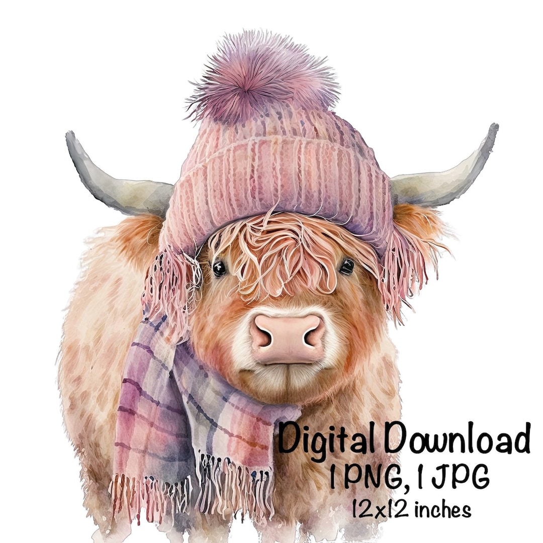 Highland Cow Watercolor Clipart Highland Cow Winter Wool Cap & Scarf ...
