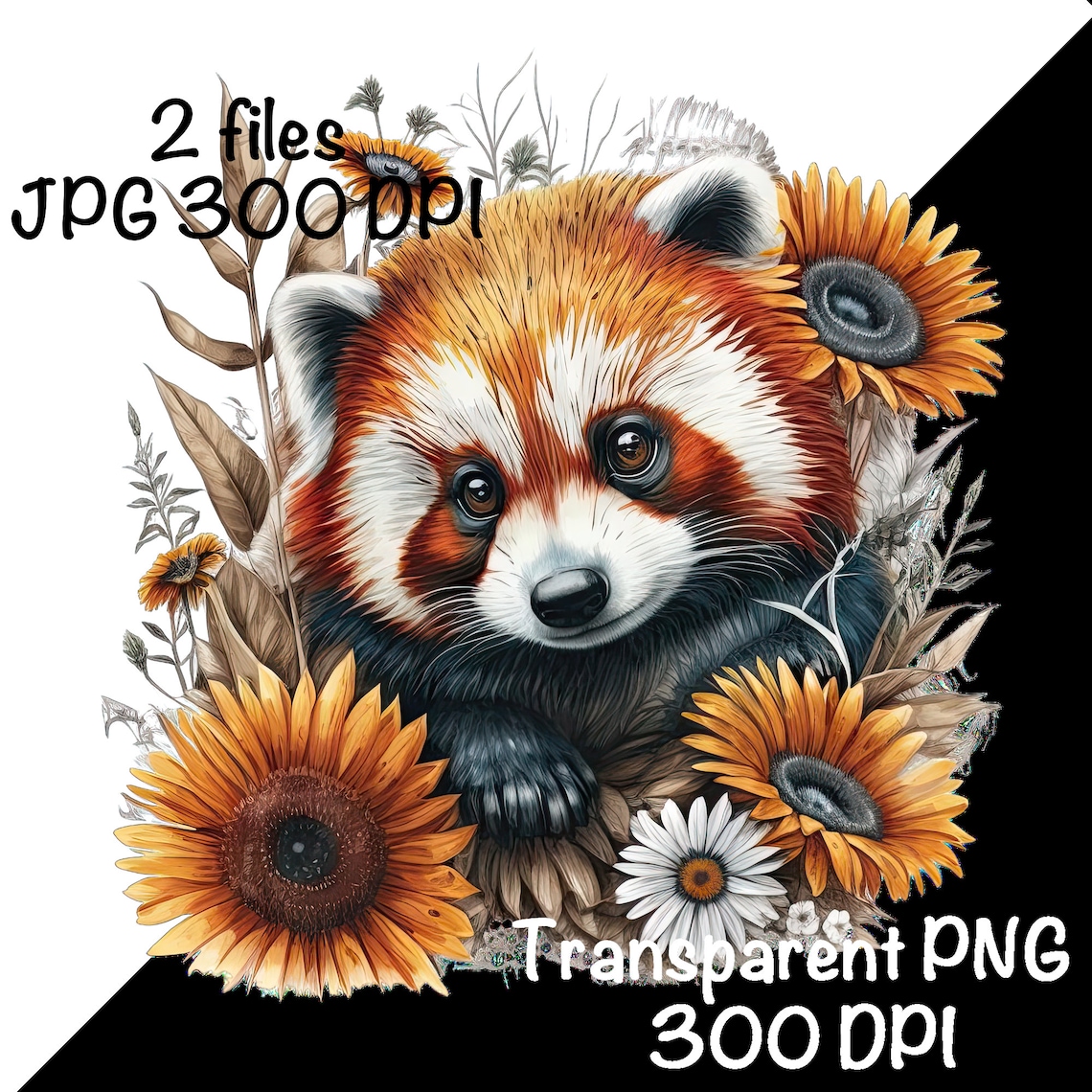Red Panda Watercolor Clipart Lesser Panda Sunflowers Flowers Himalaya ...