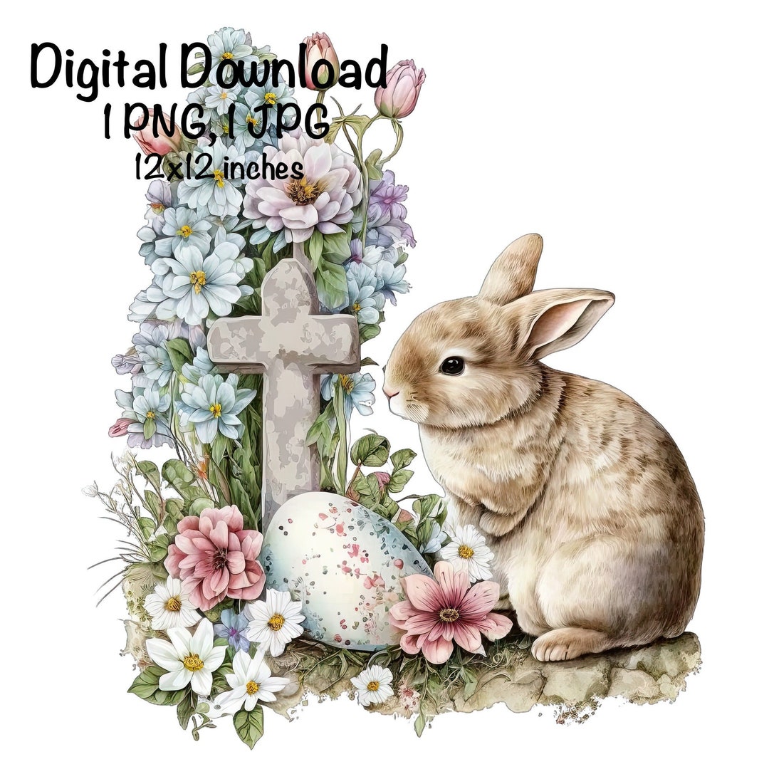 Easter Bunny Cross Watercolor Floral Clipart Easter Sublimation Design ...
