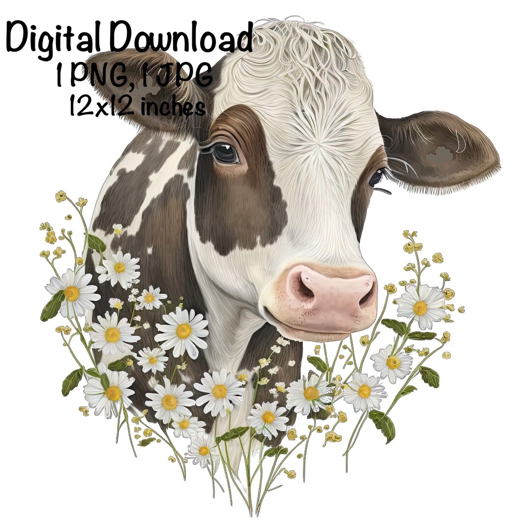 Dairy Milk Cow Watercolor Clipart Highland Cow Daisy Flowers PNG ...