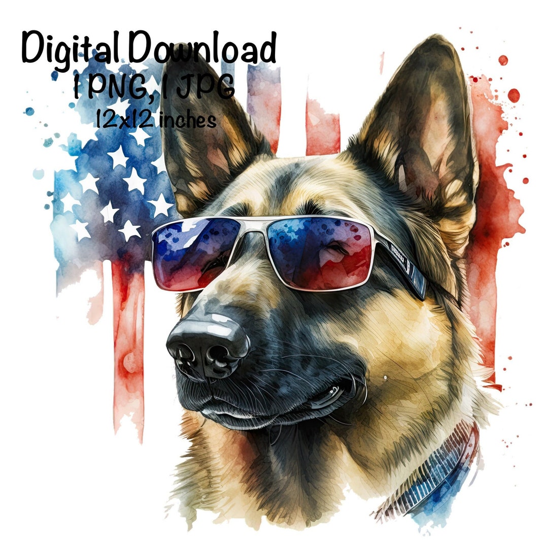 German Shepherd Dog Watercolor Clipart Sunglasses US Flag Dog PNG ...