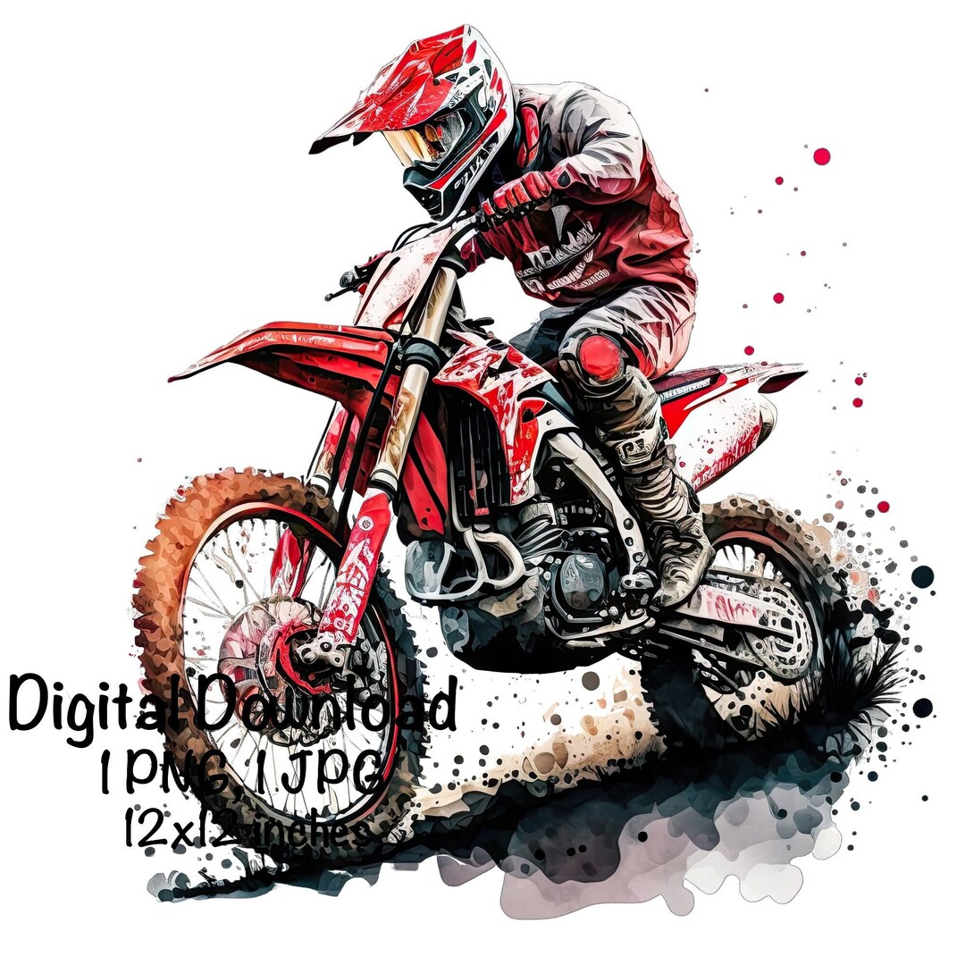 Motocross Watercolor, Red Motocross Bike Boys Clipart Off-road ...