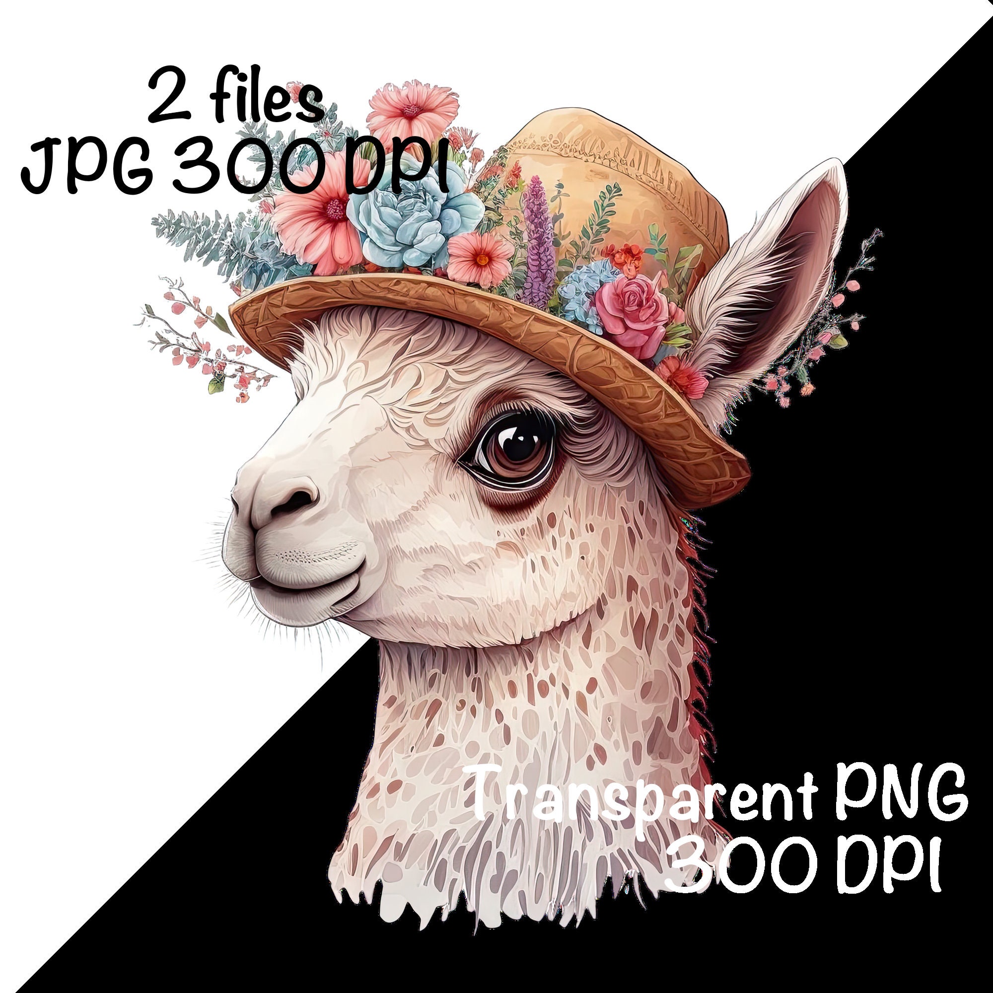 Llama Watercolor Clipart Farm Llama Hat Spring Flowers PNG Commercial ...