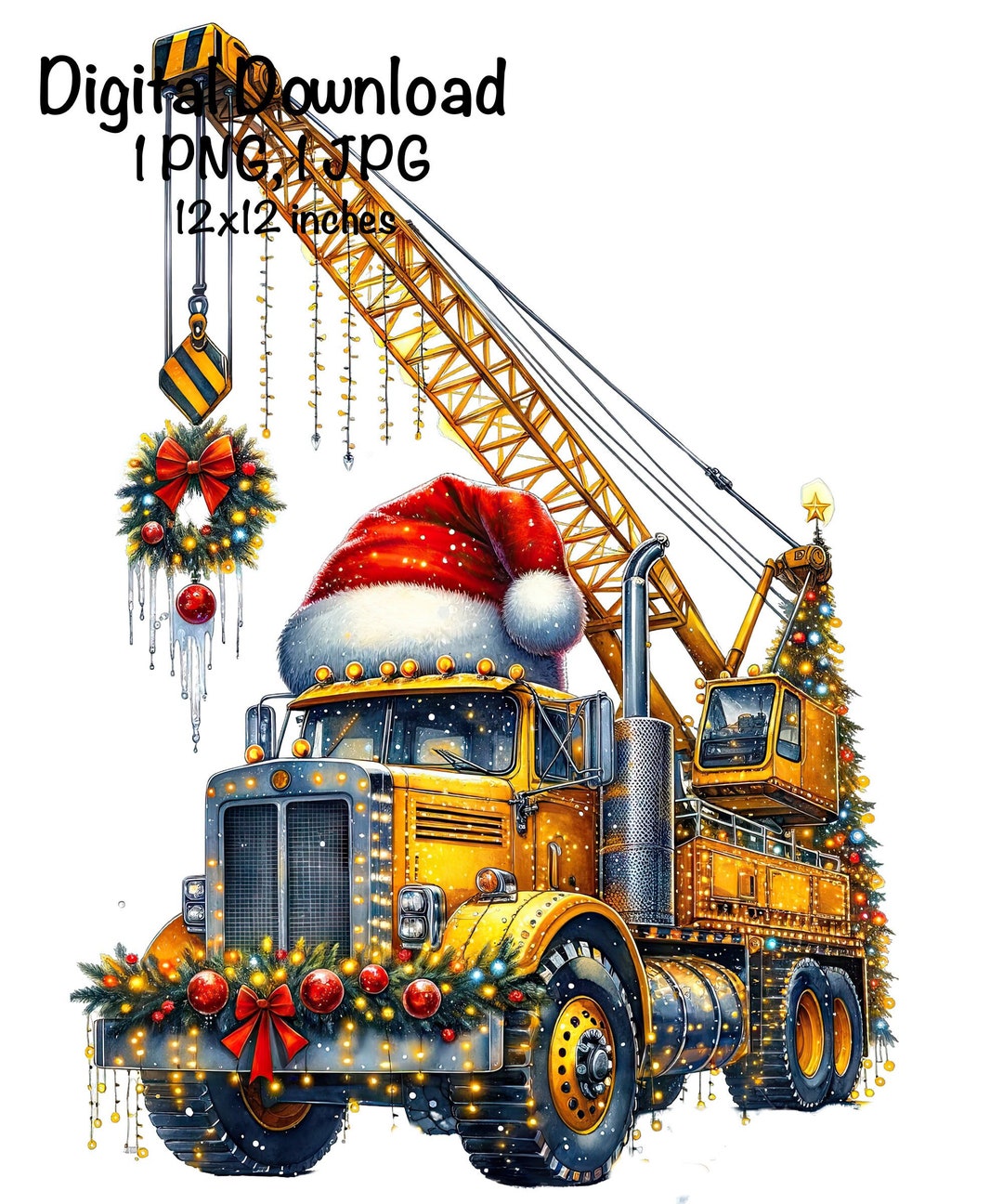 Merry Christmas Crane PNG Watercolor Construction Crane Truck Boys ...