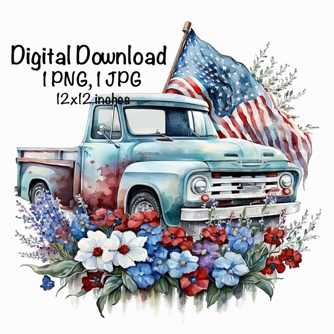 Patriotic Old Farm Truck Watercolor Flag Farm Clipart American Farm ...