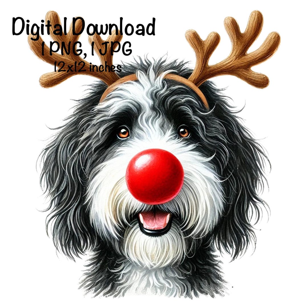 Christmas Sheepadoodle PNG, Reindeer Antlers Red Nose Sheepa Doodle Dog ...