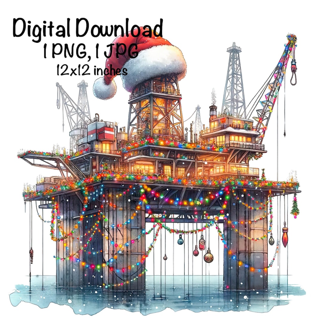 Christmas Oil Rig Drilling Watercolor Santa Oilfield Clipart Oil Well ...